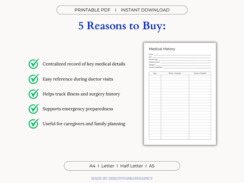 Medical History Log: Medicine Printable Health Record Template (PDF, A4 ...