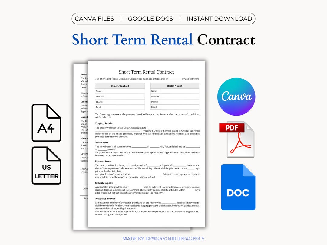 Short Term Rental Contract: Vacation Rental Lease Agreement, Airbnb and ...