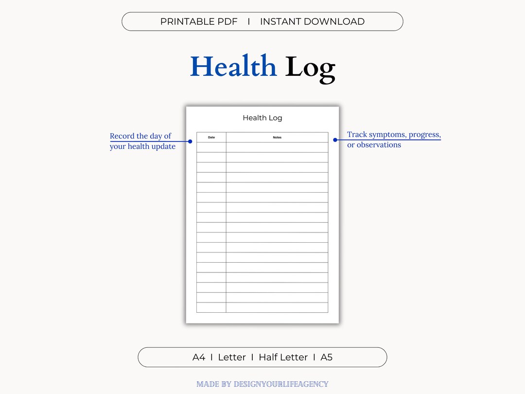 Daily Health Log Printable PDF: Medical History Journal, Daily Wellness ...