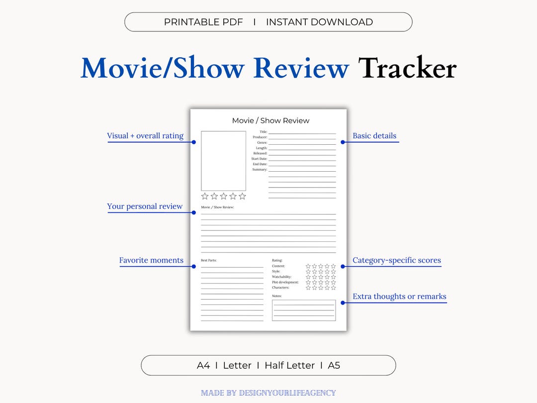 Movie and Show Review Tracker Printable PDF – Film Journal Page ...