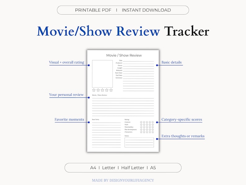 Movie & TV Show Review Tracker: Printable Film Journal, Film Journal ...
