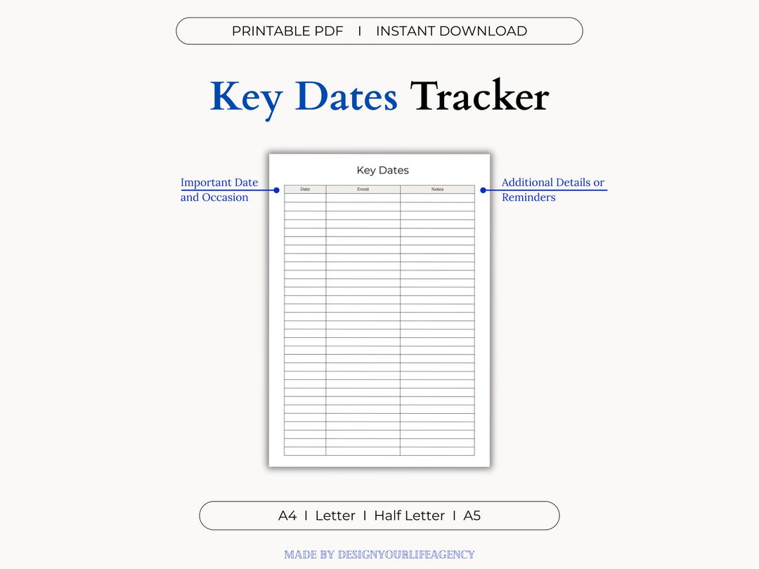 Key Dates Tracker Printable PDF: Event Planner, Birthday Log, Essential ...