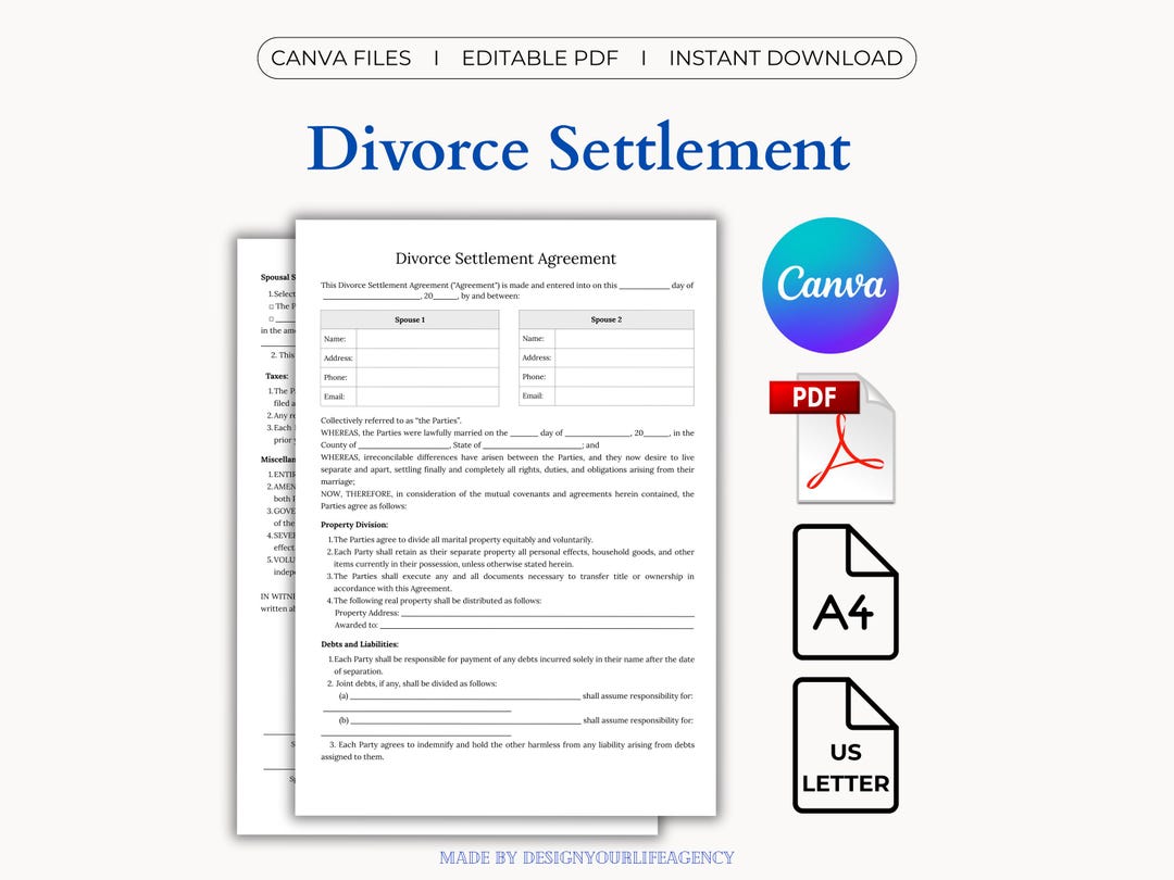 Divorce Settlement Agreement Template: Legal Separation Contract ...