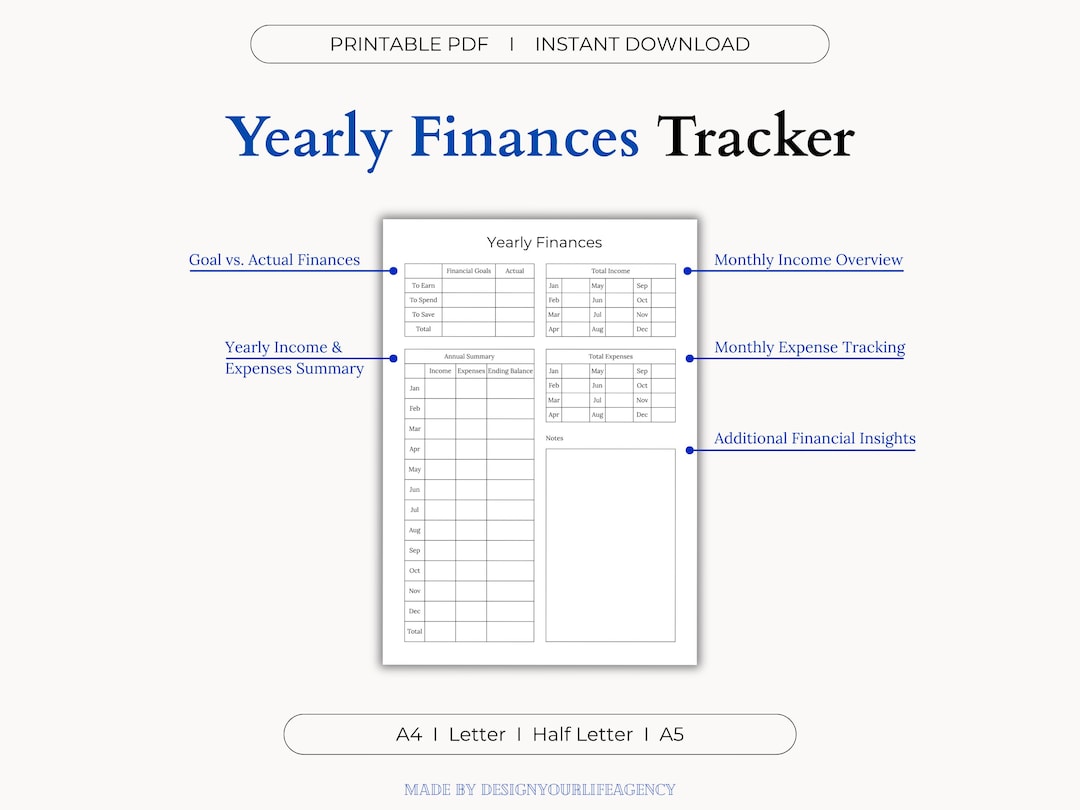 Yearly Finance Tracker Printable PDF: Annual Budget Planner, Savings ...