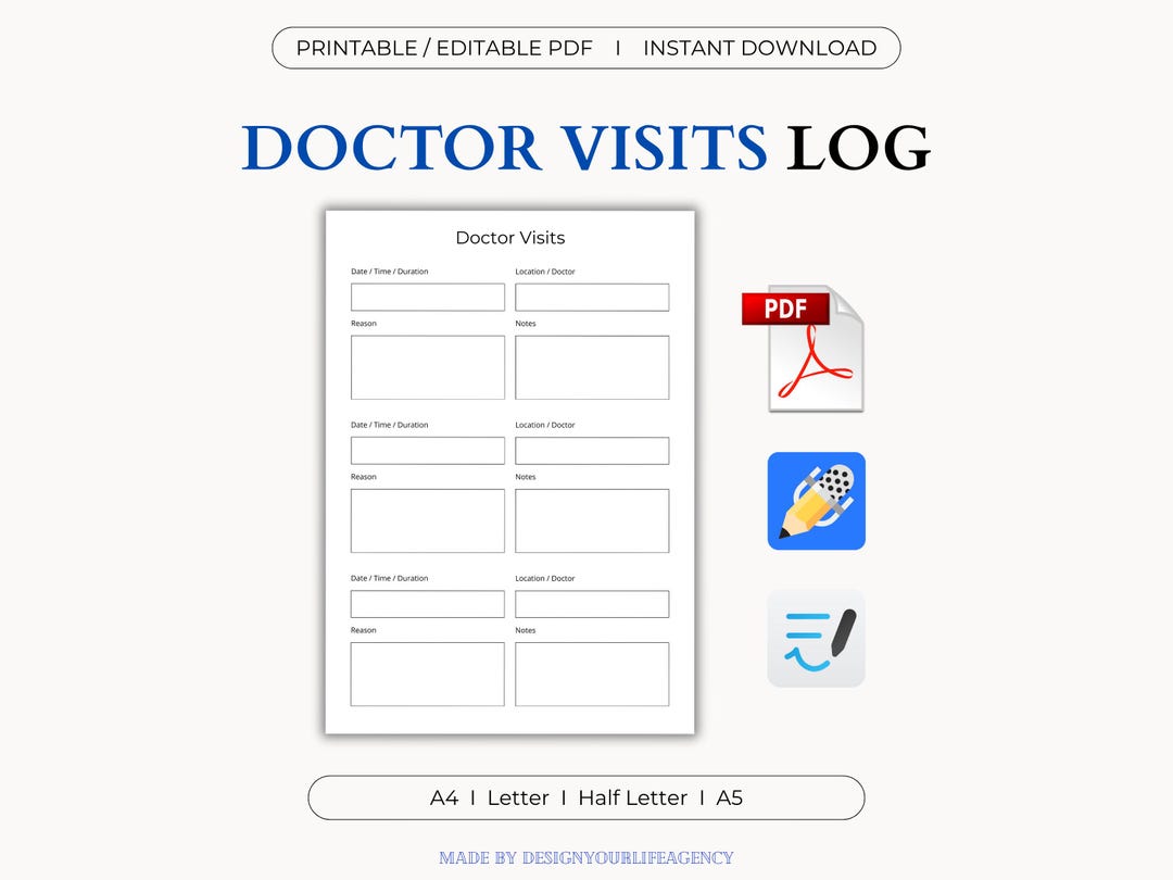 Doctor Visits Log Editable PDF: Medical Appointment Tracker, Health ...