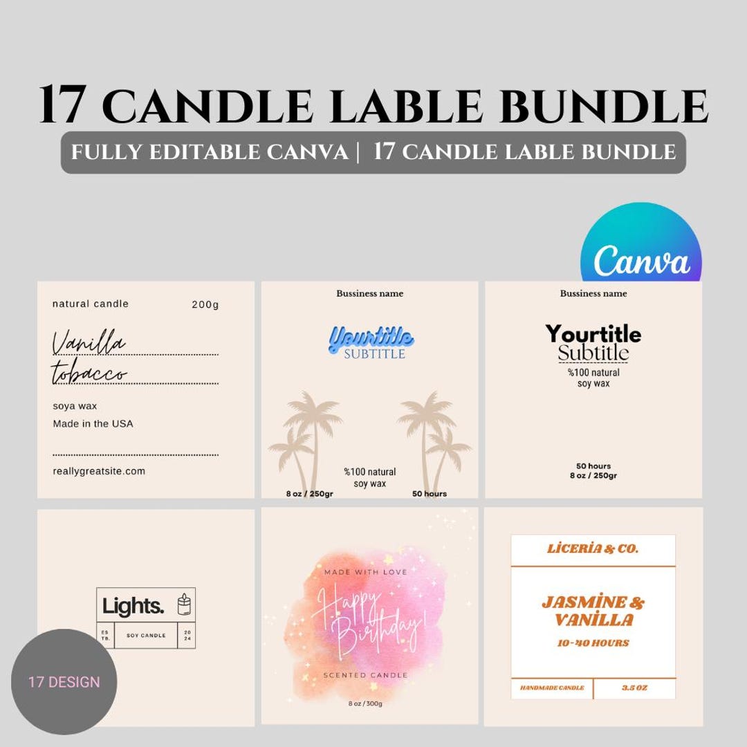 17 Editable Candle Label Bundle | Label Template | Custom Candle Labels ...