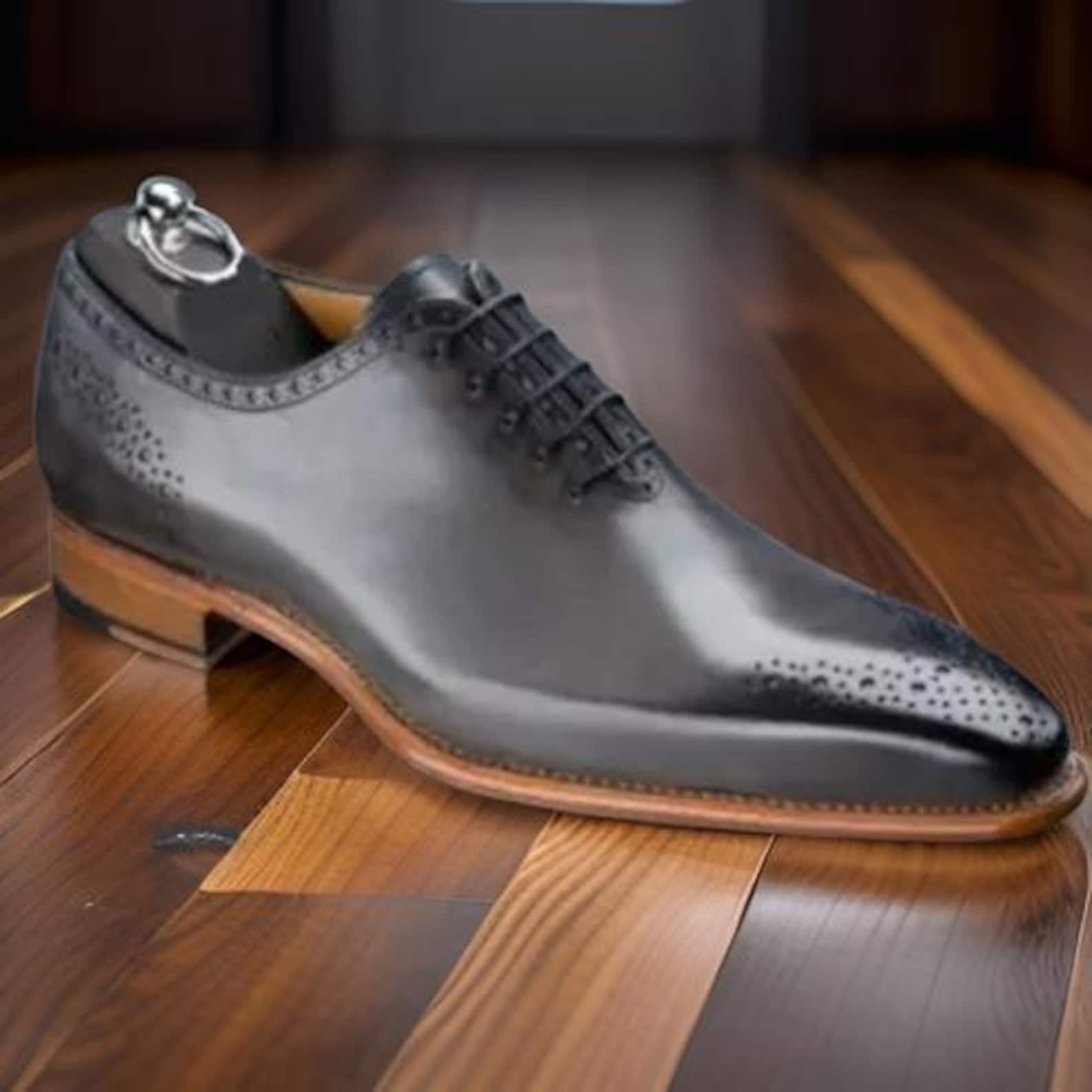 Handmade Men's Leather Wingtip Oxfords – Premium Gray Derby Toe Shoes ...