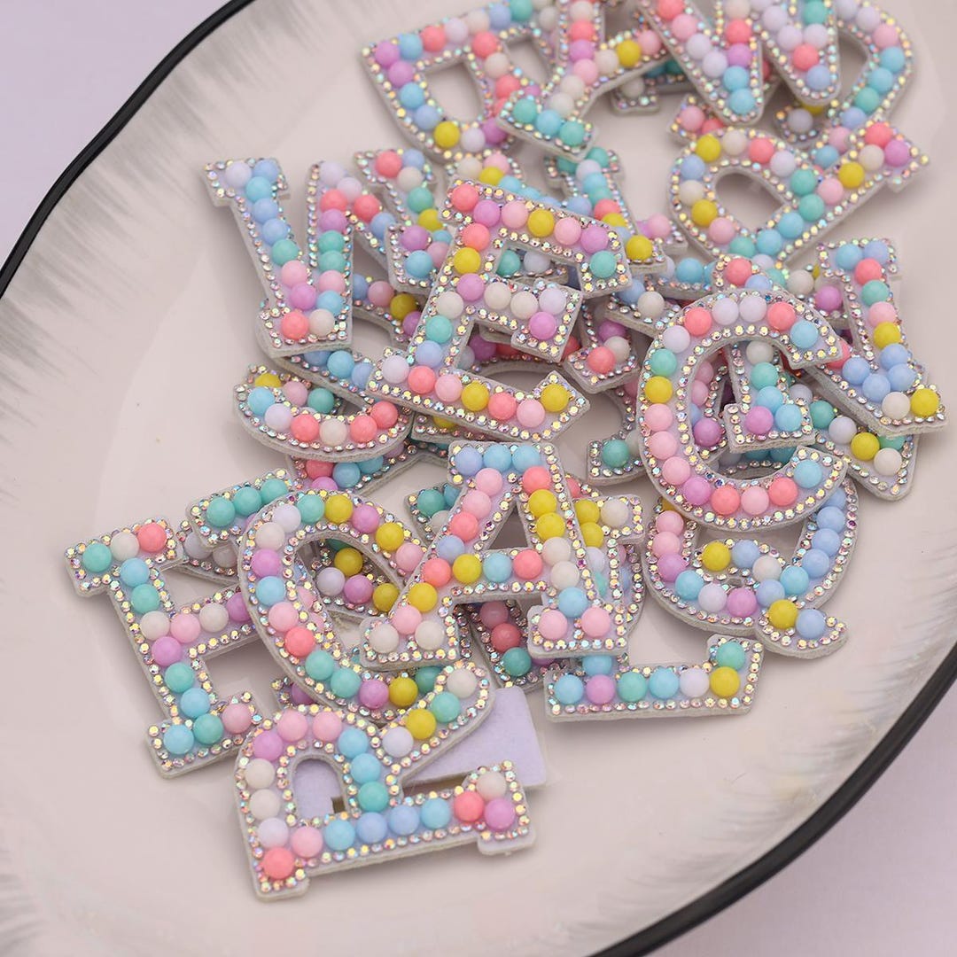 4.5cm Macaron Color Bead Letter Patch, Adhesive Back Hot Diamond Patch ...