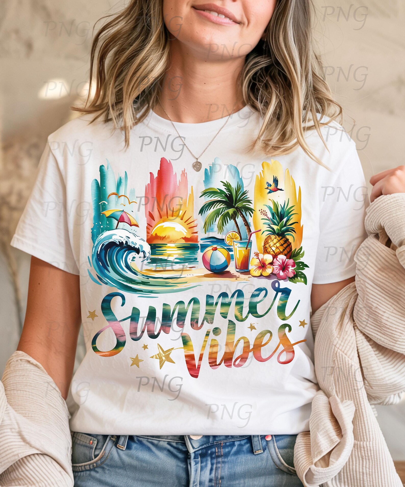 Summer Vibes PNG Beach Scene Sublimation, Retro Summer Brushstroke ...
