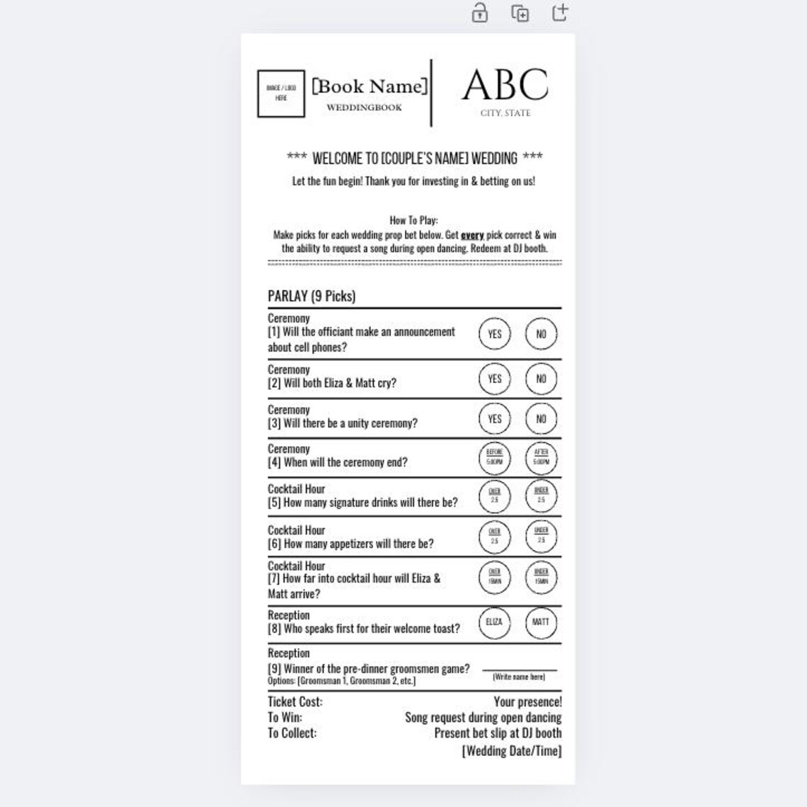 Wedding Bet Slip Game – Editable & Printable Wedding Activity – Fun ...