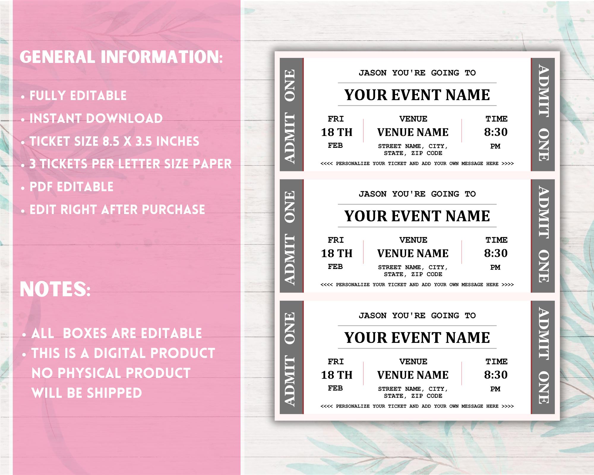 Event Ticket Template, EDITABLE DIY Event Printable, Surprise Getaway, Invitation Ticket, Gift ...