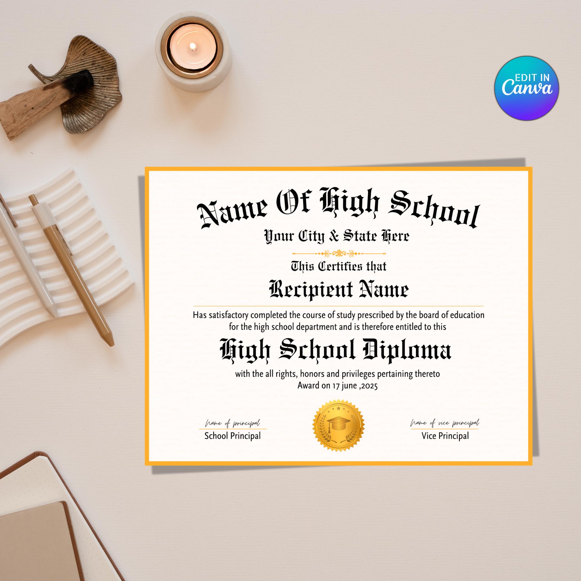 Editable High School Diploma Template, Home School Diploma, High School ...