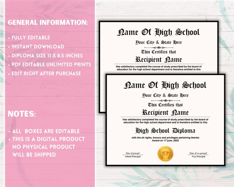 Editable High School Diploma Template, Home School Diploma, High School ...