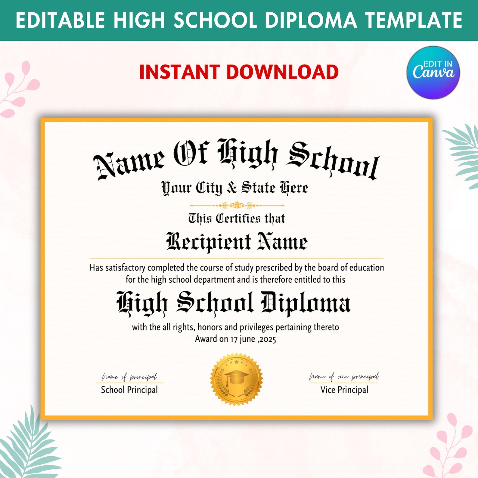 Editable High School Diploma Template, Home School Diploma, High School ...