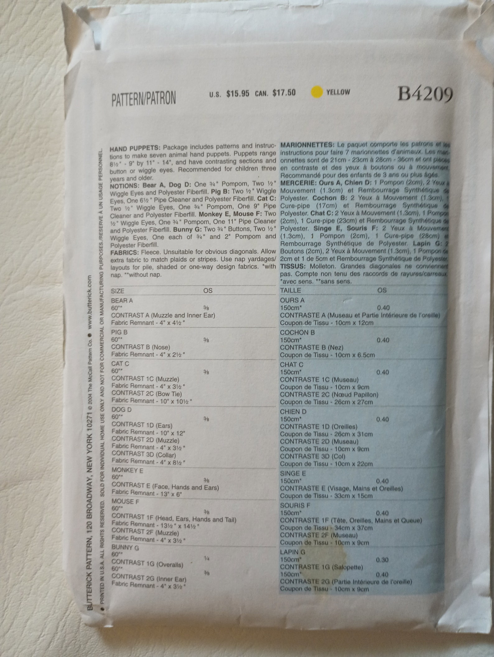 Butterick B4209 Sewing Pattern Hand Puppets Soft Stuff Bear Pig Cat Dog ...