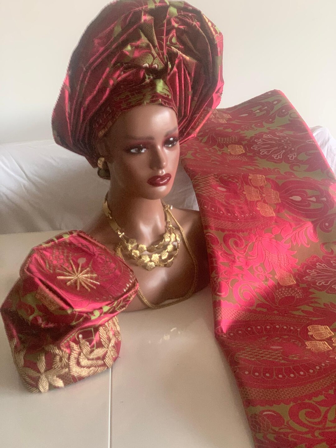 Burgundy and Olive Green With Gold Damask Auto Gele Head Tie Gele ...
