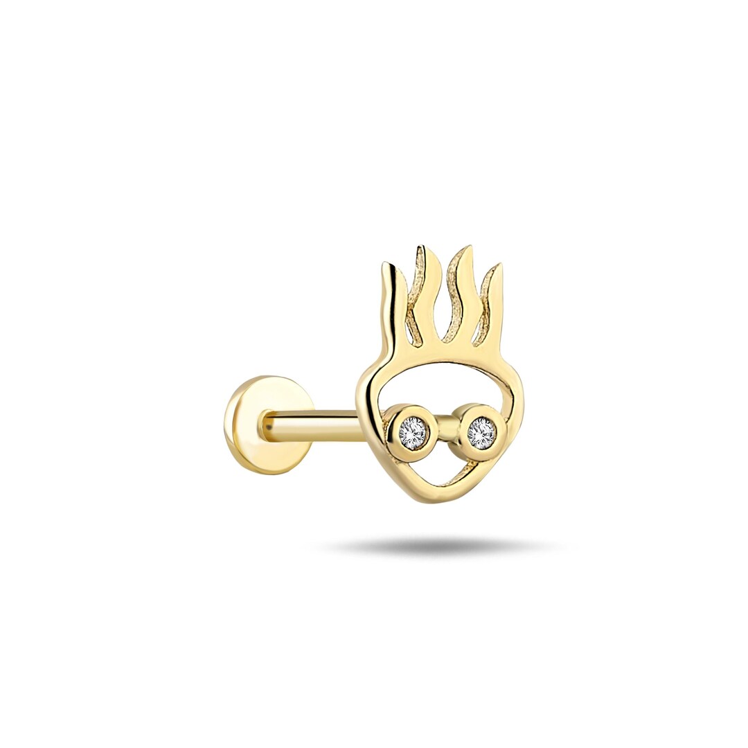 14K Solid Gold Flaming Guy Tragus Earring, Dainty Gold Jewelry, Gold ...