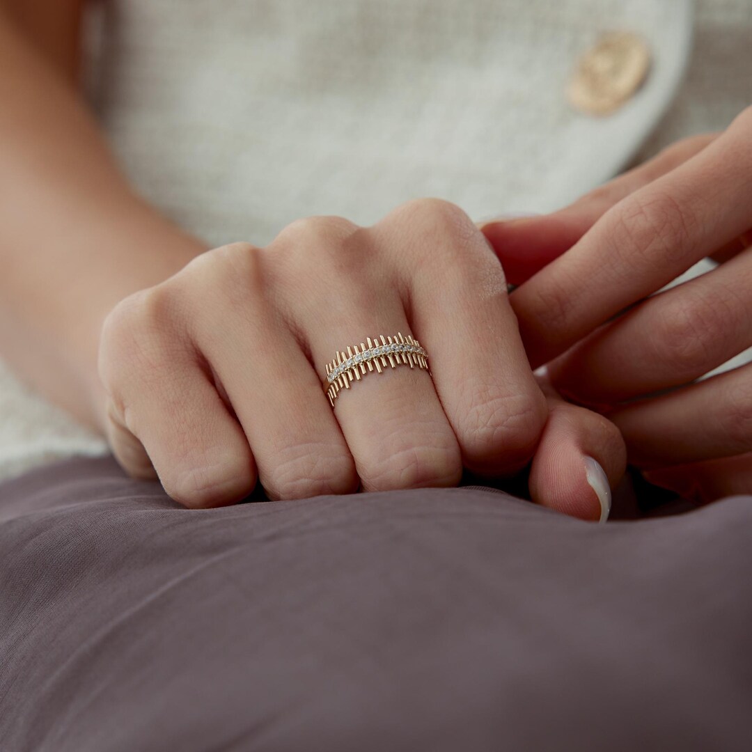 14K Solid Gold Stone Fishbone Band - Handmade Gold Ring Halloween ...