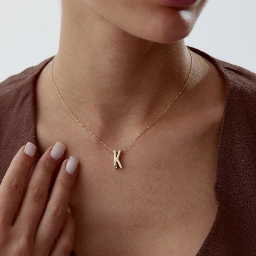 14K Solid Gold Letter Necklace: Dainty Handmade Pendant - Etsy
