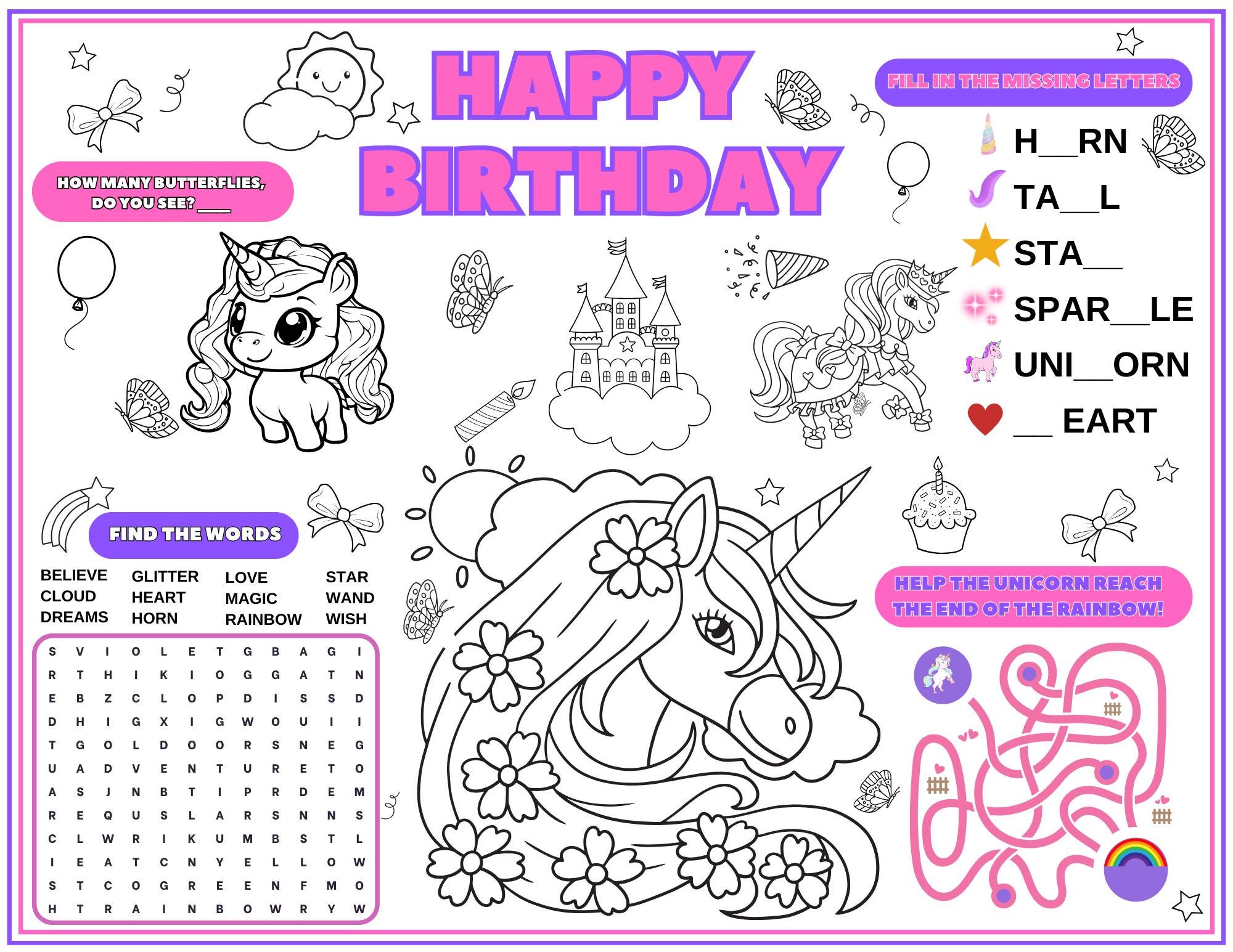 Unicorn Activity and Color Sheet- Birthdays and Parties - Etsy