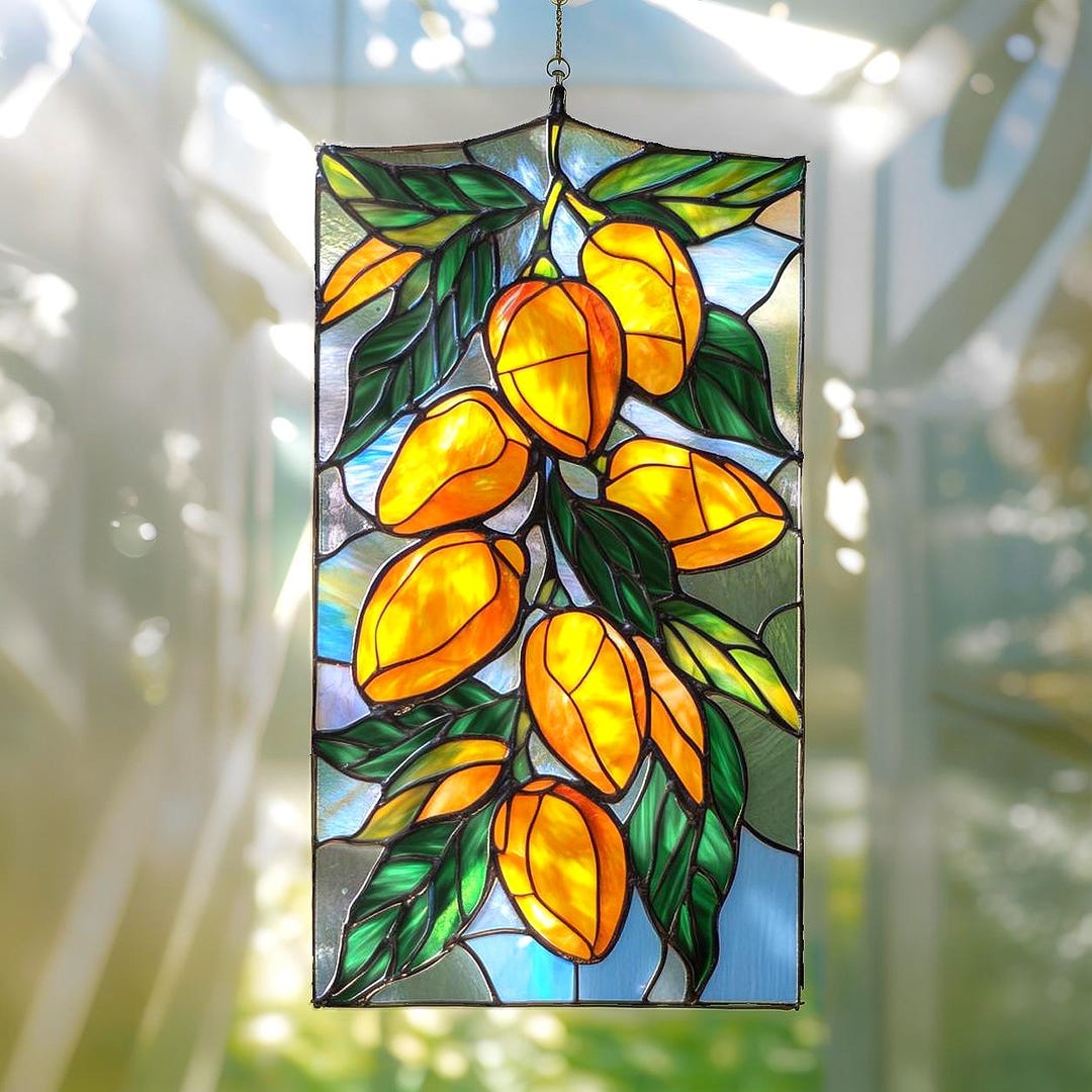 Mango Stained Glass Suncatcher - Faux Stained Glass Window Hanging ...
