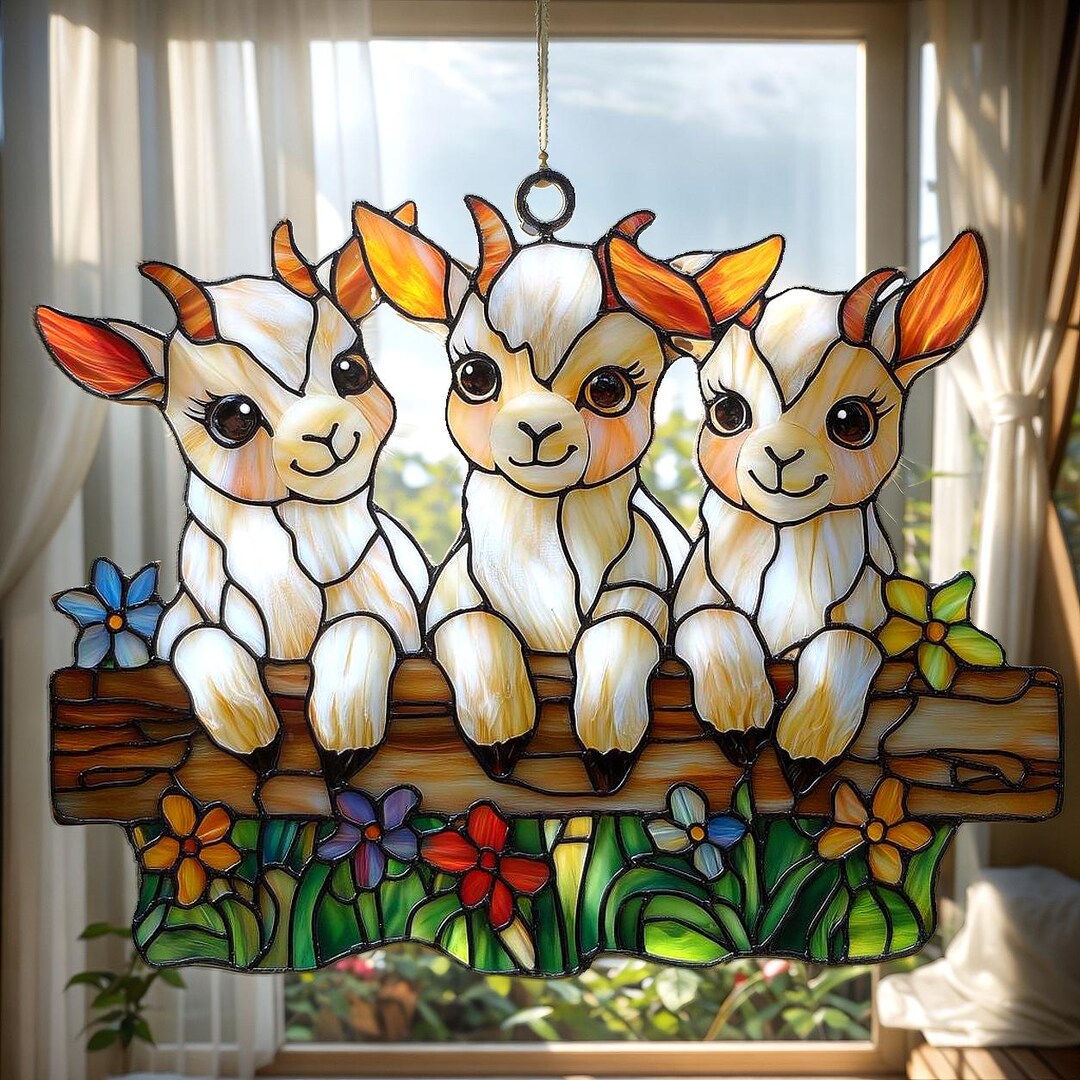 Goat Stained Glass Suncatcher - Faux Stained Glass Baby Goats Window ...