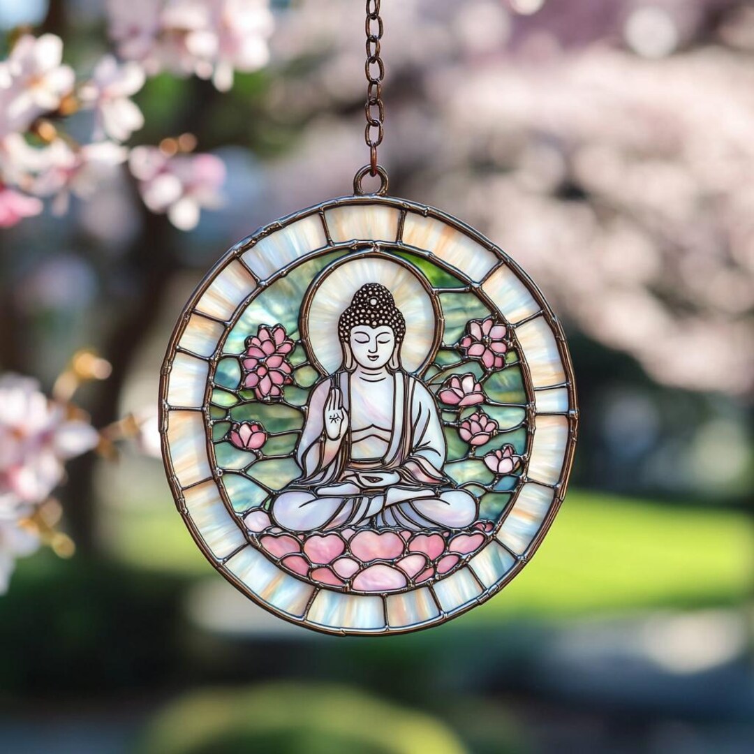 Buddha Stained Glass Window Hanging - Round Suncatcher With Lotus ...