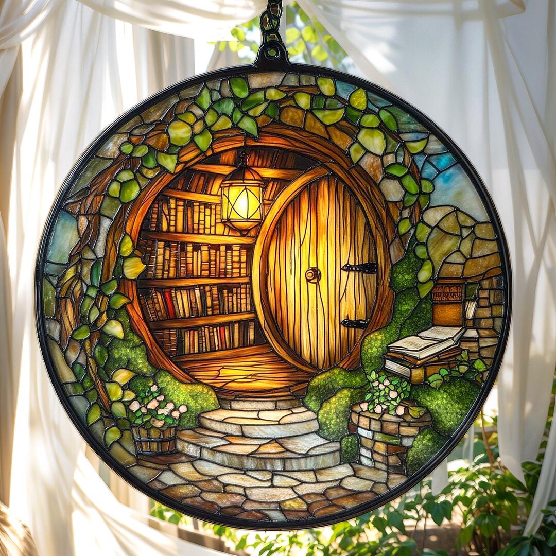 Hobbit House Library Acrylic Suncatcher - Round Fairy Door Faux Stained ...