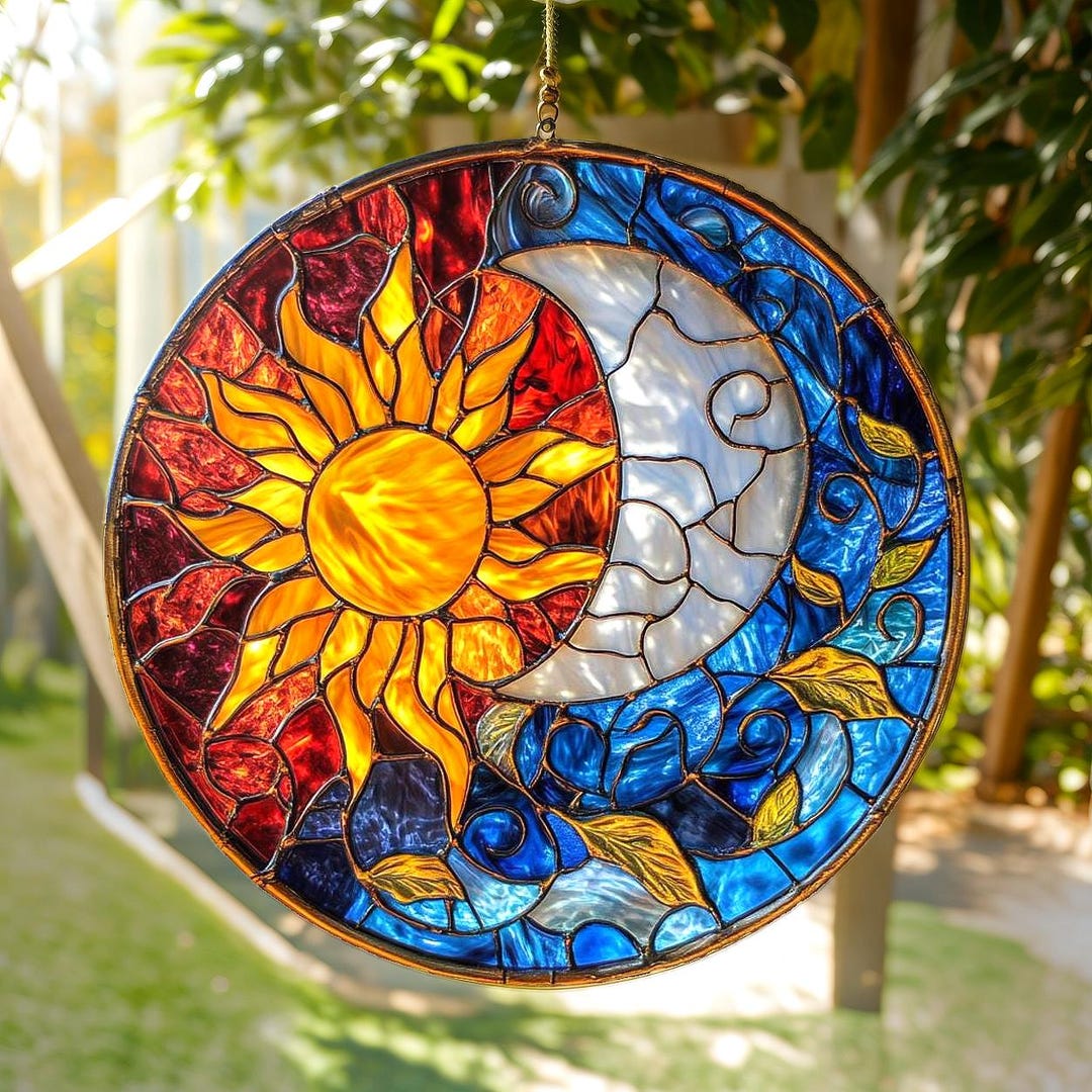 Sun & Moon Suncatcher - Stained Glass Effect Window Hanging - Celestial ...