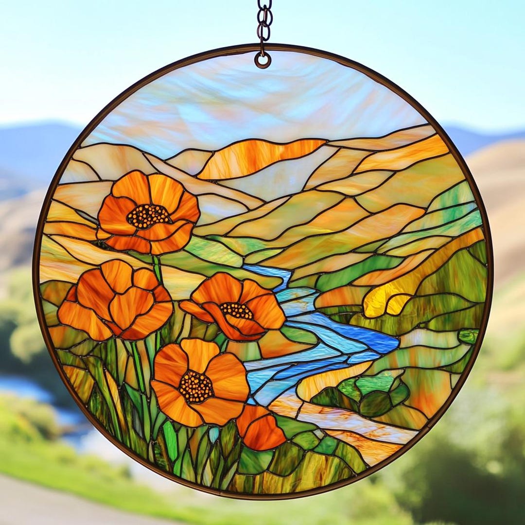 California Poppy Stained Glass Suncatcher - Round Wildflower Hills ...
