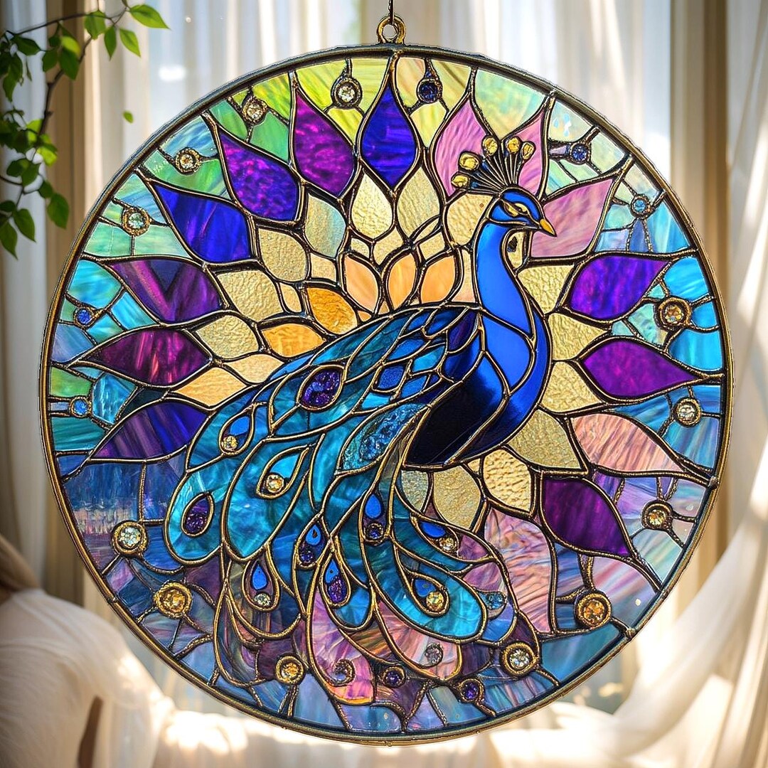 Peacock Suncatcher - Faux Stained Glass Round Window Panel - Colorful ...