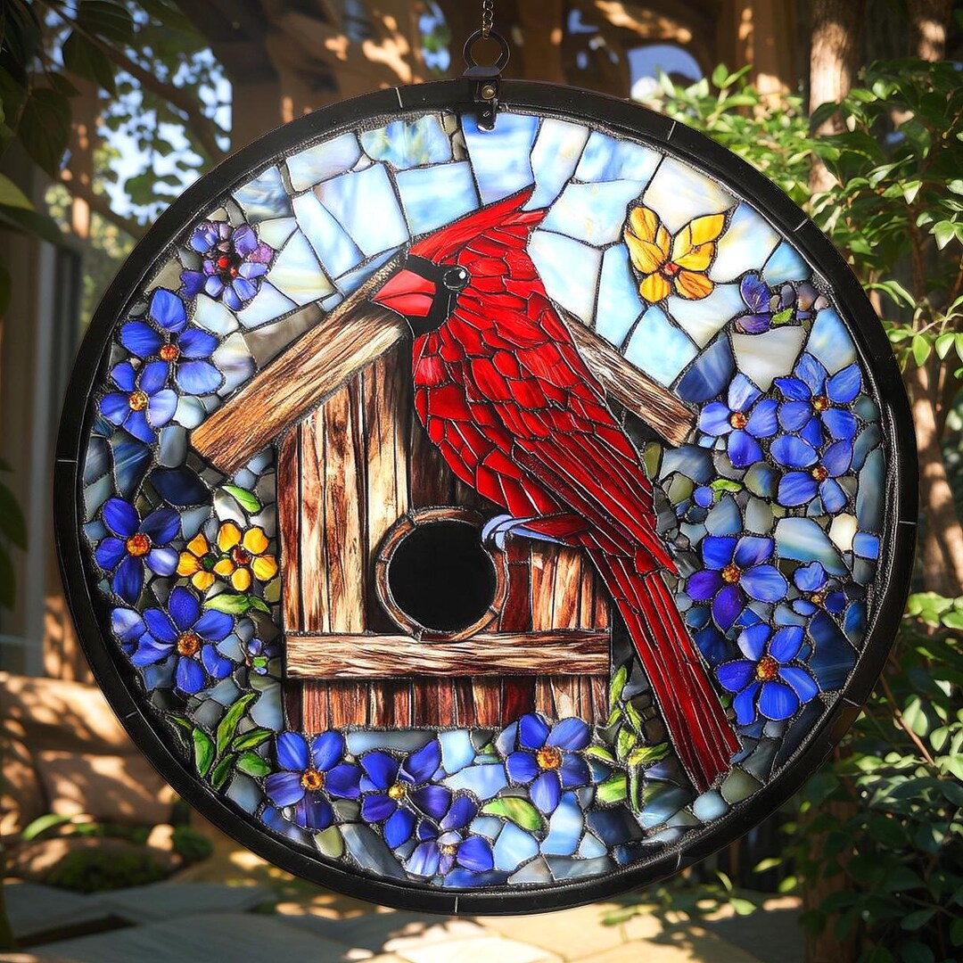 Red Cardinal Suncatcher - Faux Stained Glass Birdhouse Window Decor ...