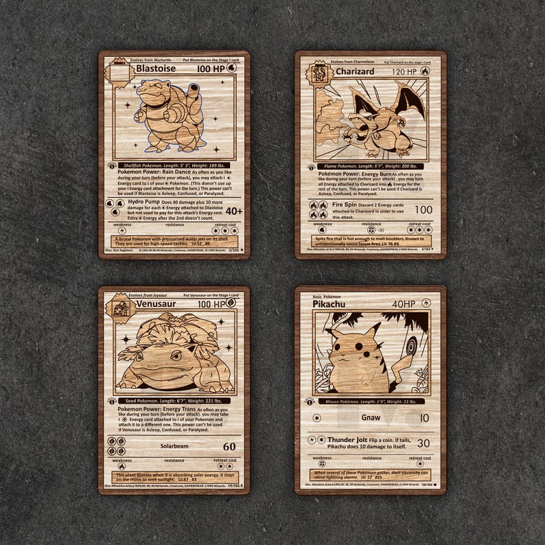 4 Pokemon Cards Vector for Laser Cutter, Charizard, Blastoise, Pikachu ...