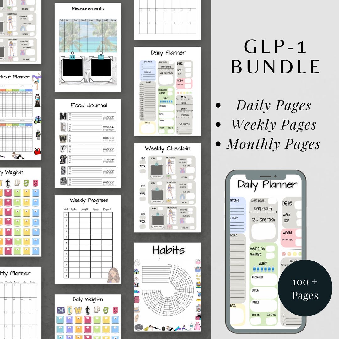 Printable GLP-1 Weight Loss Tracker Bundle: Daily, Weekly, Monthly (PDF ...