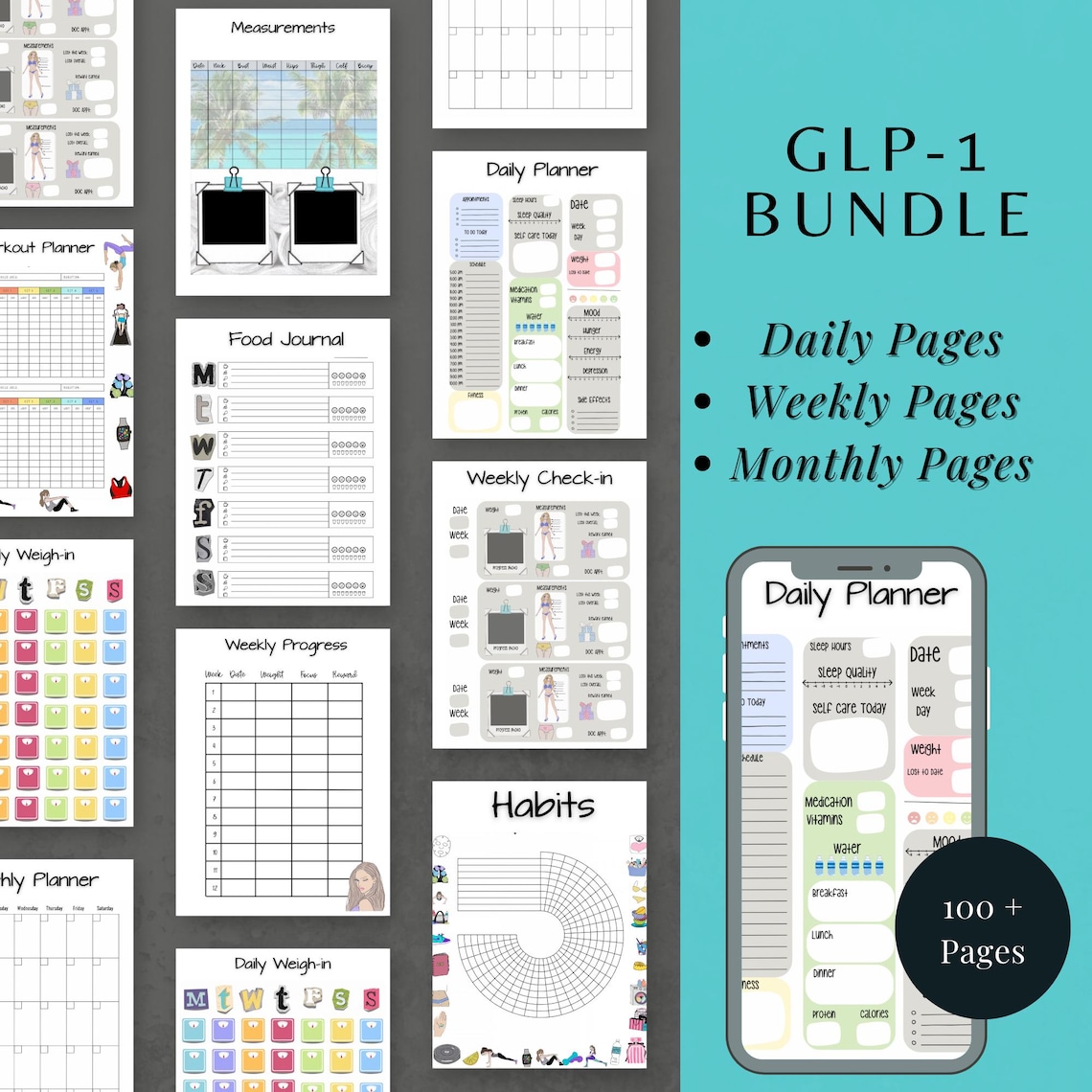 Printable GLP-1 Weight Loss Tracker Bundle: Daily, Weekly, Monthly (PDF ...