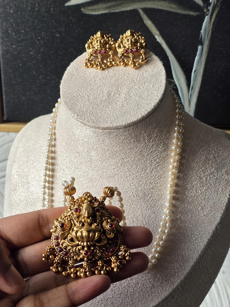 Lakshmi Pearl Haram Necklace Set, South Indian Bridal Temple Jewelry ...