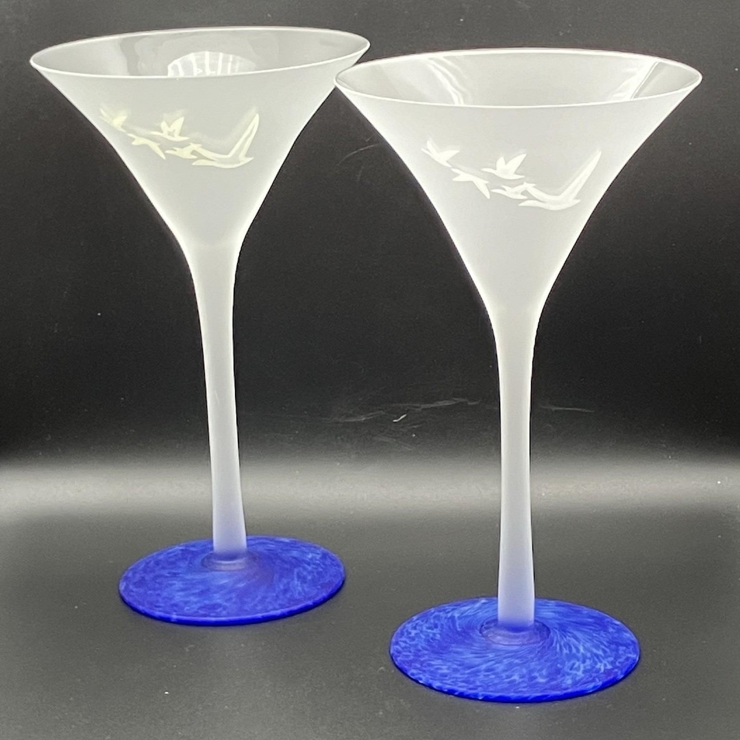 2 Grey Goose Vodka Frosted Martini Glass Cobalt Blue Swirl Base Flying ...