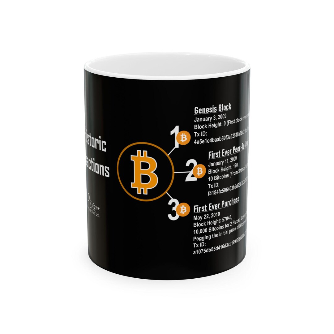 The 3 Most Historic Bitcoin Transactions Ceramic Black Mug by Geeky ...