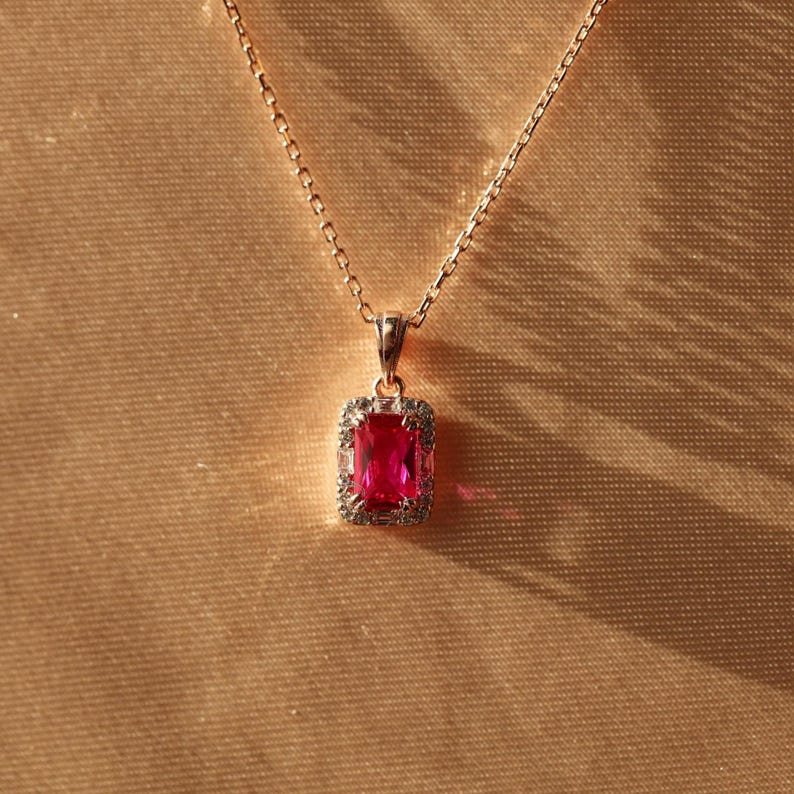 Emerald Cut Ruby Pendant Necklace: 14K Gold or Sterling Silver, Zircon ...