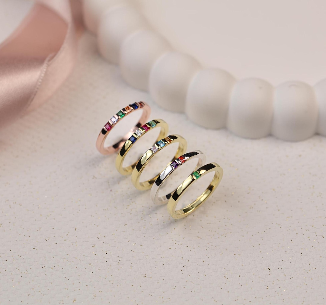 Personalized Birthstone Stacking Ring: 10K/14K Gold, Sterling Silver - Etsy