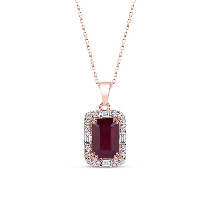 Emerald Cut Ruby Pendant Necklace: 14K Gold or Sterling Silver, Zircon ...