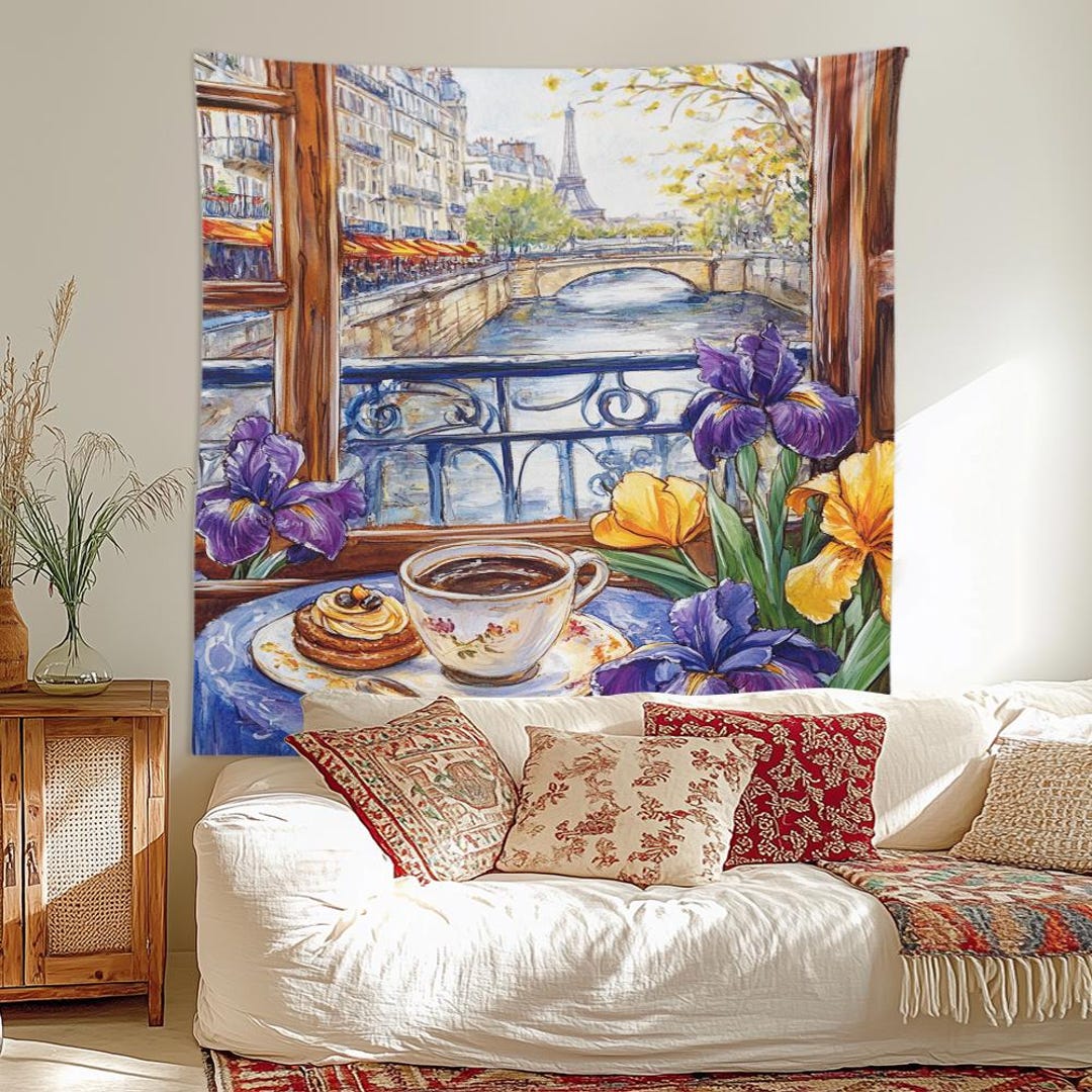 Paris Window View Tapestry, Vintage Watercolor Wall Art, French Balcony ...