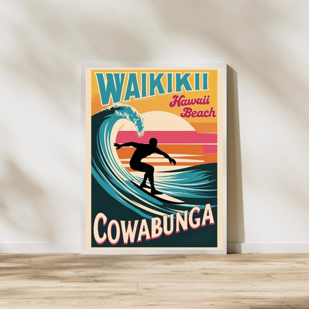 Surfing Poster Retro Hawaii Wall Art Print – Cowabunga Surfer ...