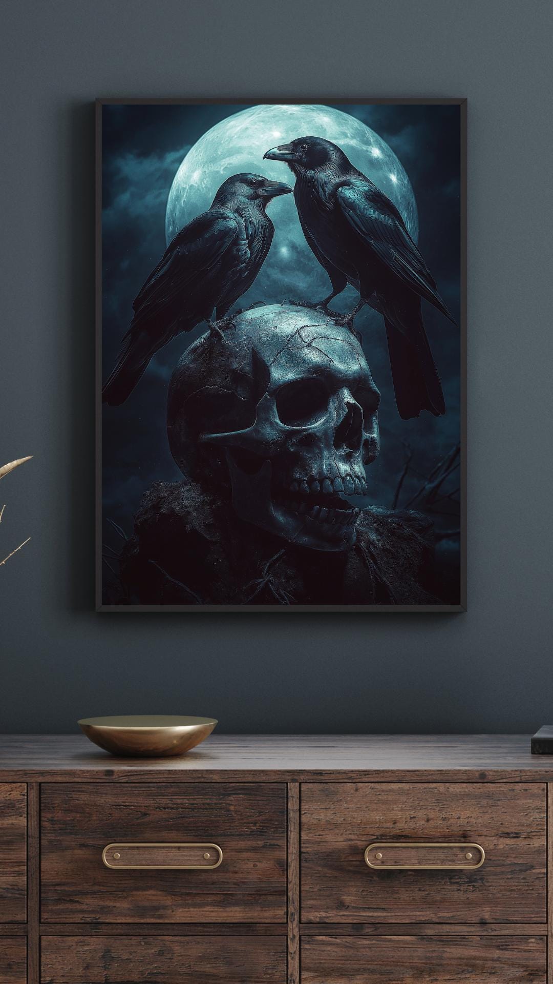 Gothic Raven and Skull Poster Dark Fantasy Wall Art, Full Moon Crow ...