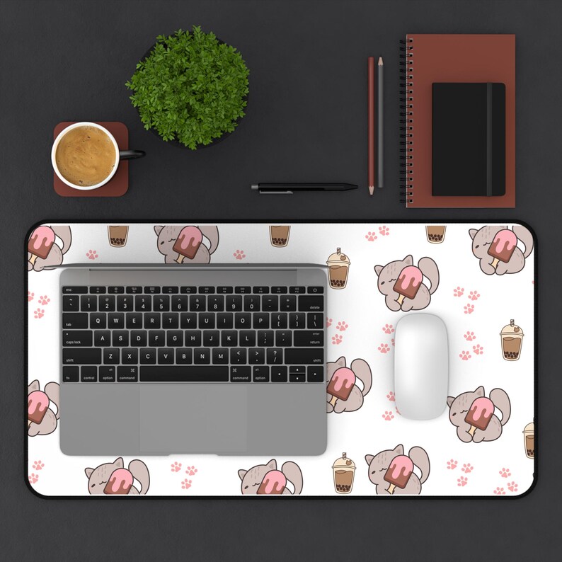 Kawaii Boba Cat Desk Mat | Kawaii Cats Mousepad | Kawaii Pink Desk Mat ...