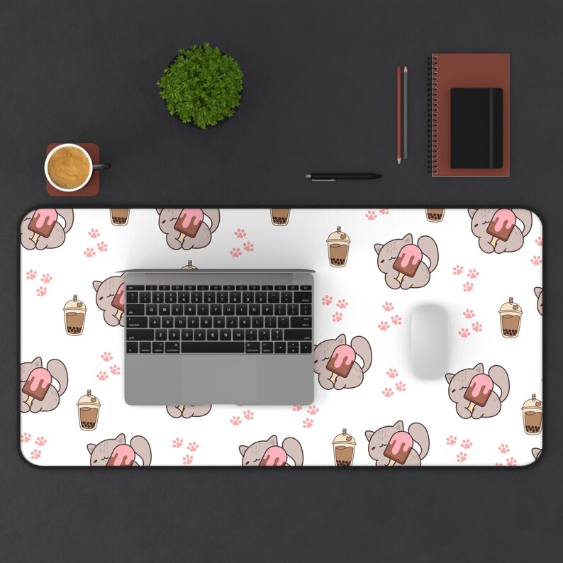 Kawaii Boba Cat Desk Mat | Kawaii Cats Mousepad | Kawaii Pink Desk Mat ...