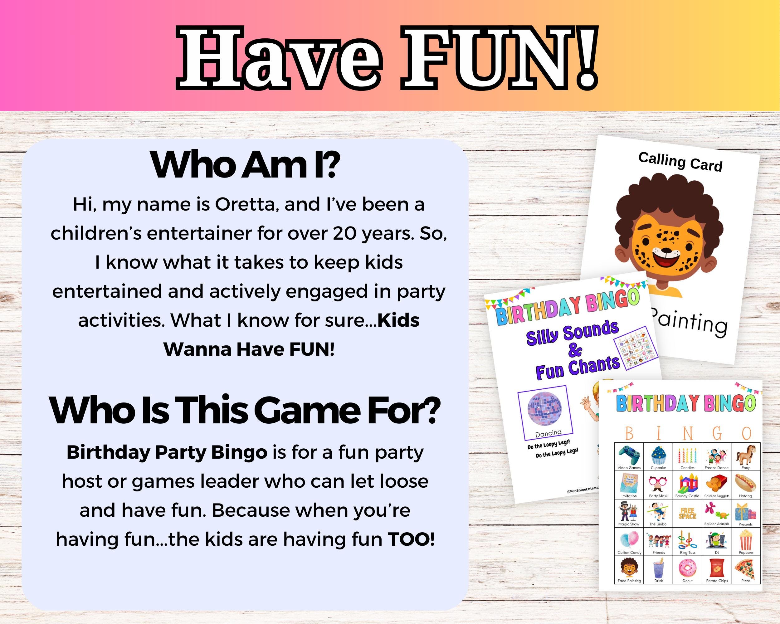 49 Kids Birthday Bingo Cards Printable Game, Interactive Silly Sounds ...