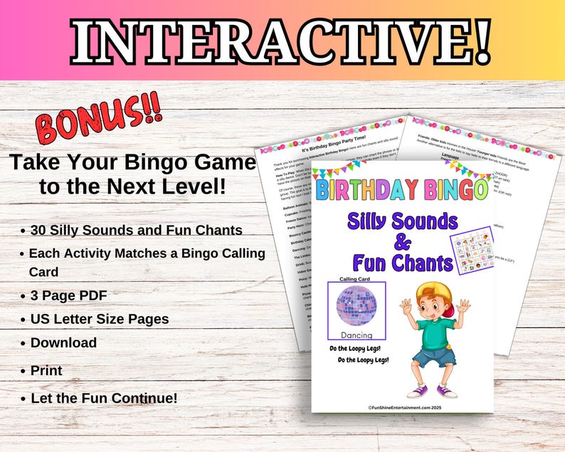 49 Kids Birthday Bingo Cards Printable Game, Interactive Silly Sounds ...