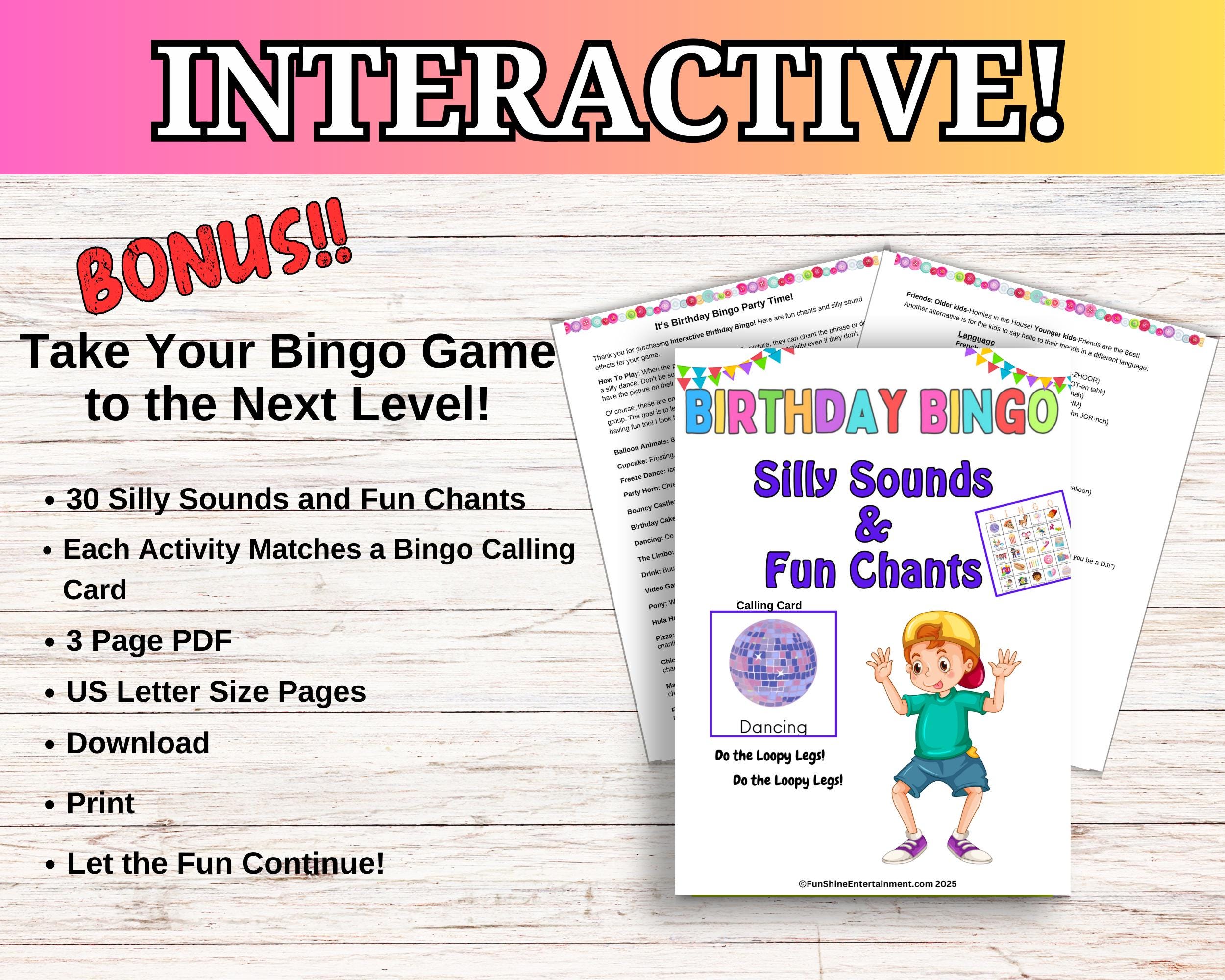49 Kids Birthday Bingo Cards Printable Game, Interactive Silly Sounds ...