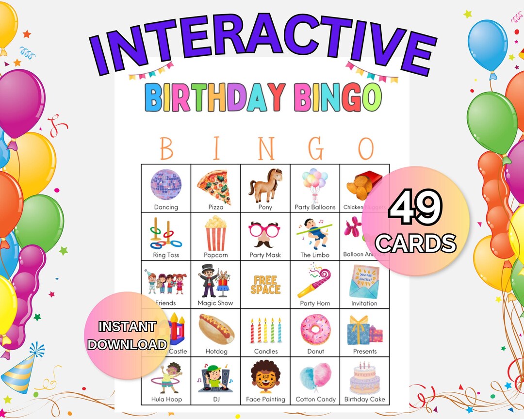 49 Kids Birthday Bingo Cards Printable Game, Interactive Silly Sounds ...